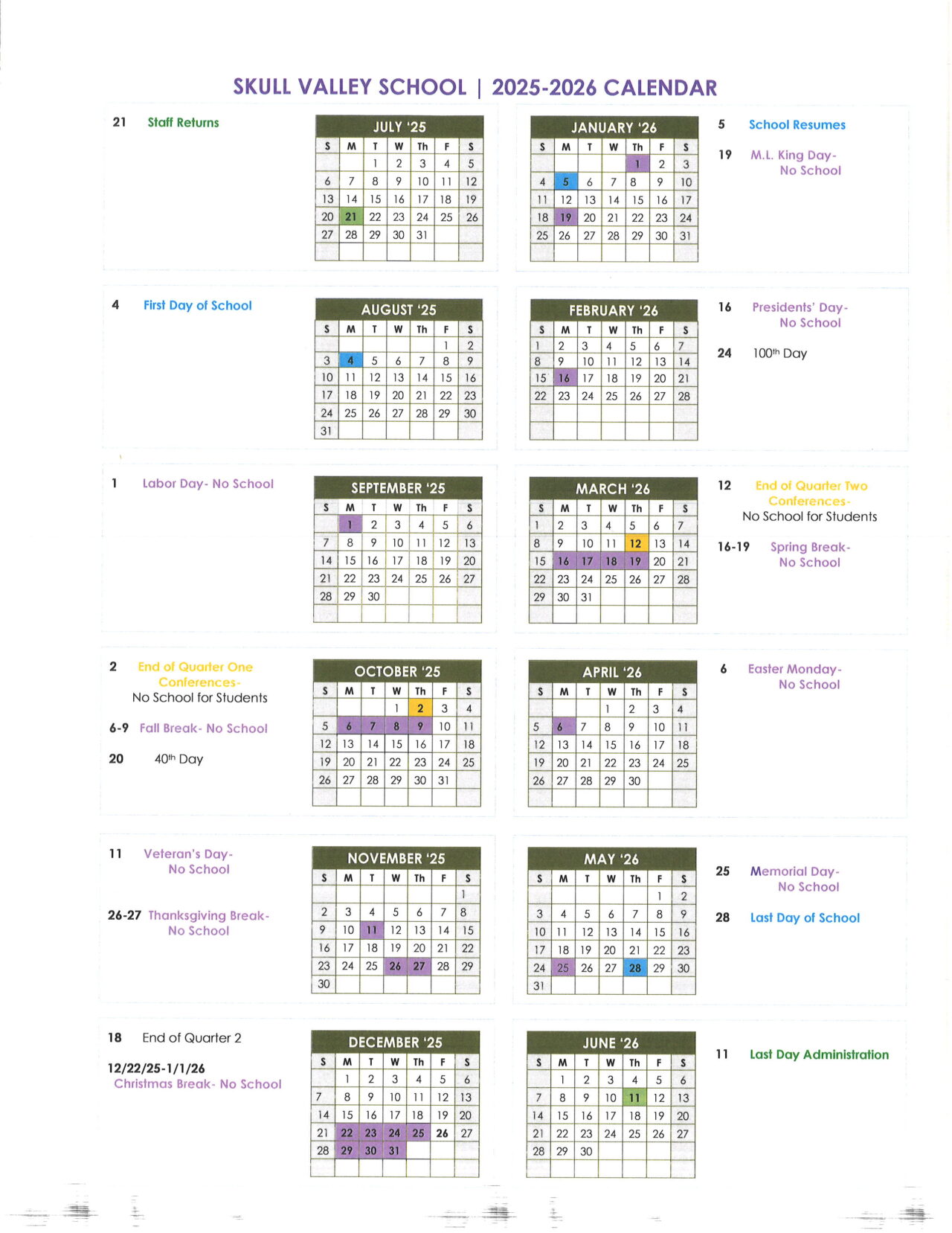 Calendar | Skull Valley School District